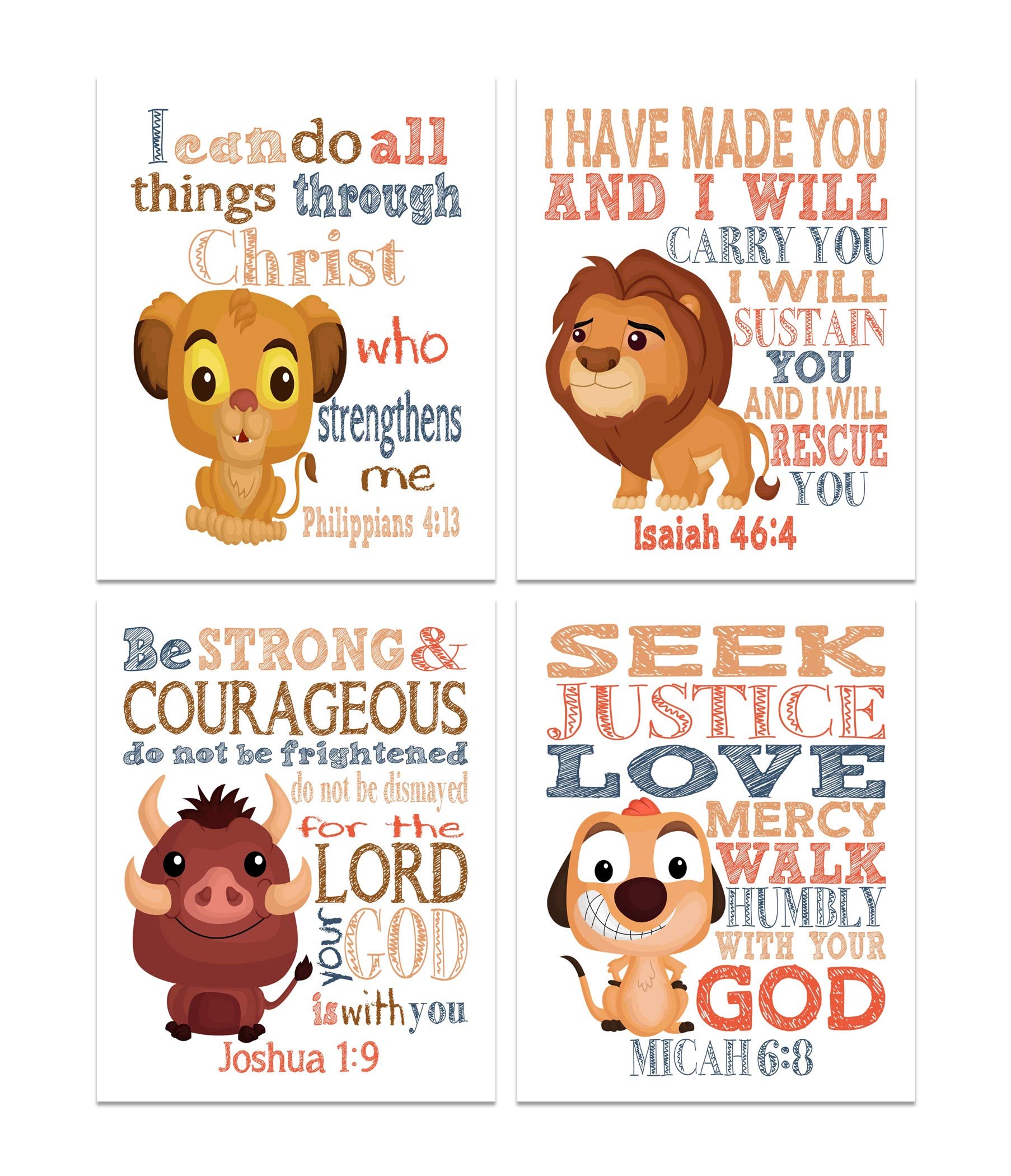 Lion King Christian Nursery Set of 4 Unframed Prints - Mufasa, Pumba, Simba and Timon with Bible Verses