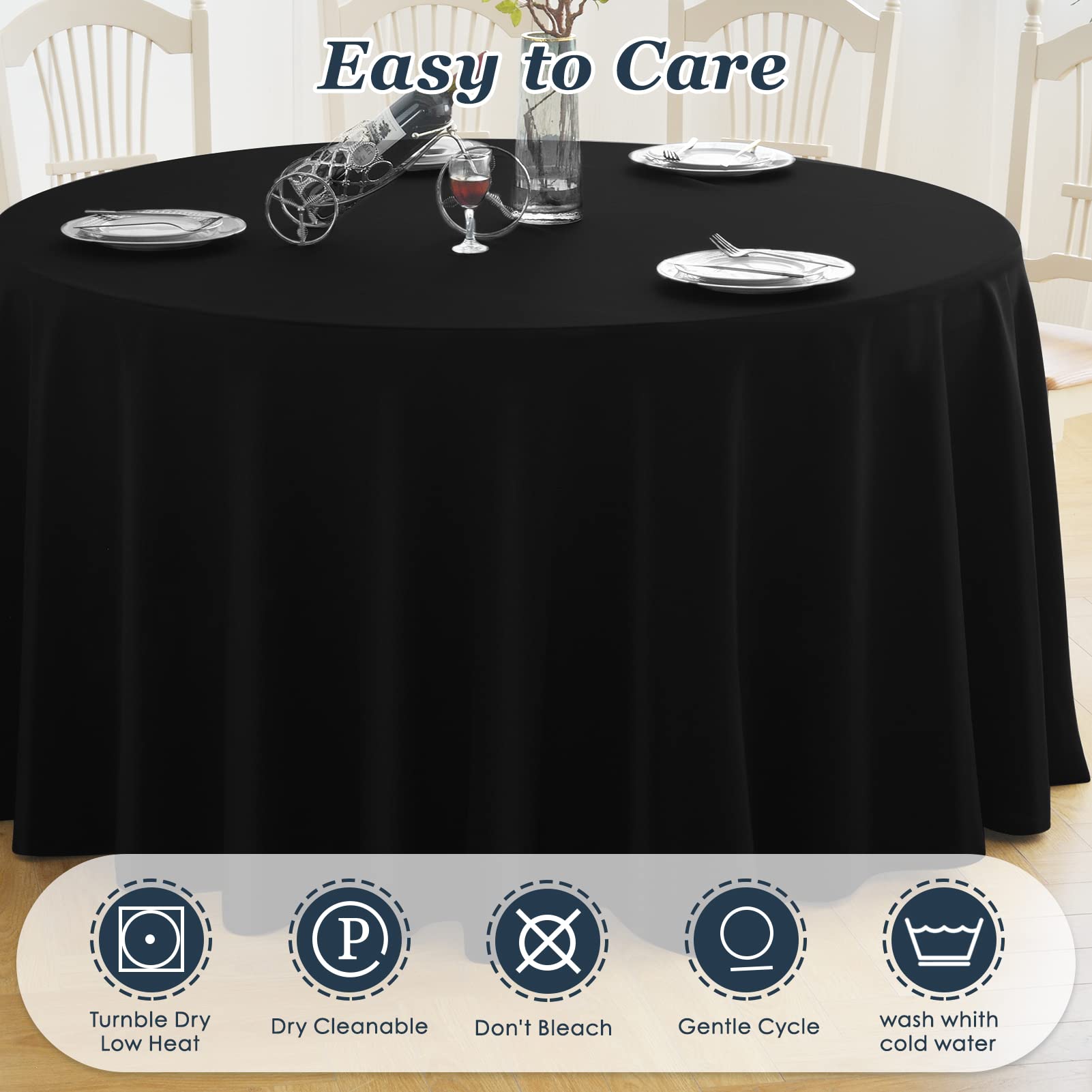 LEQEE Round Tablecloth,120inch Stain and Wrinkle Resistant Polyester Table Cloth,Decorative Fabric Table Cover for Kitchen,Dinning,Party,Wedding Round(Black)