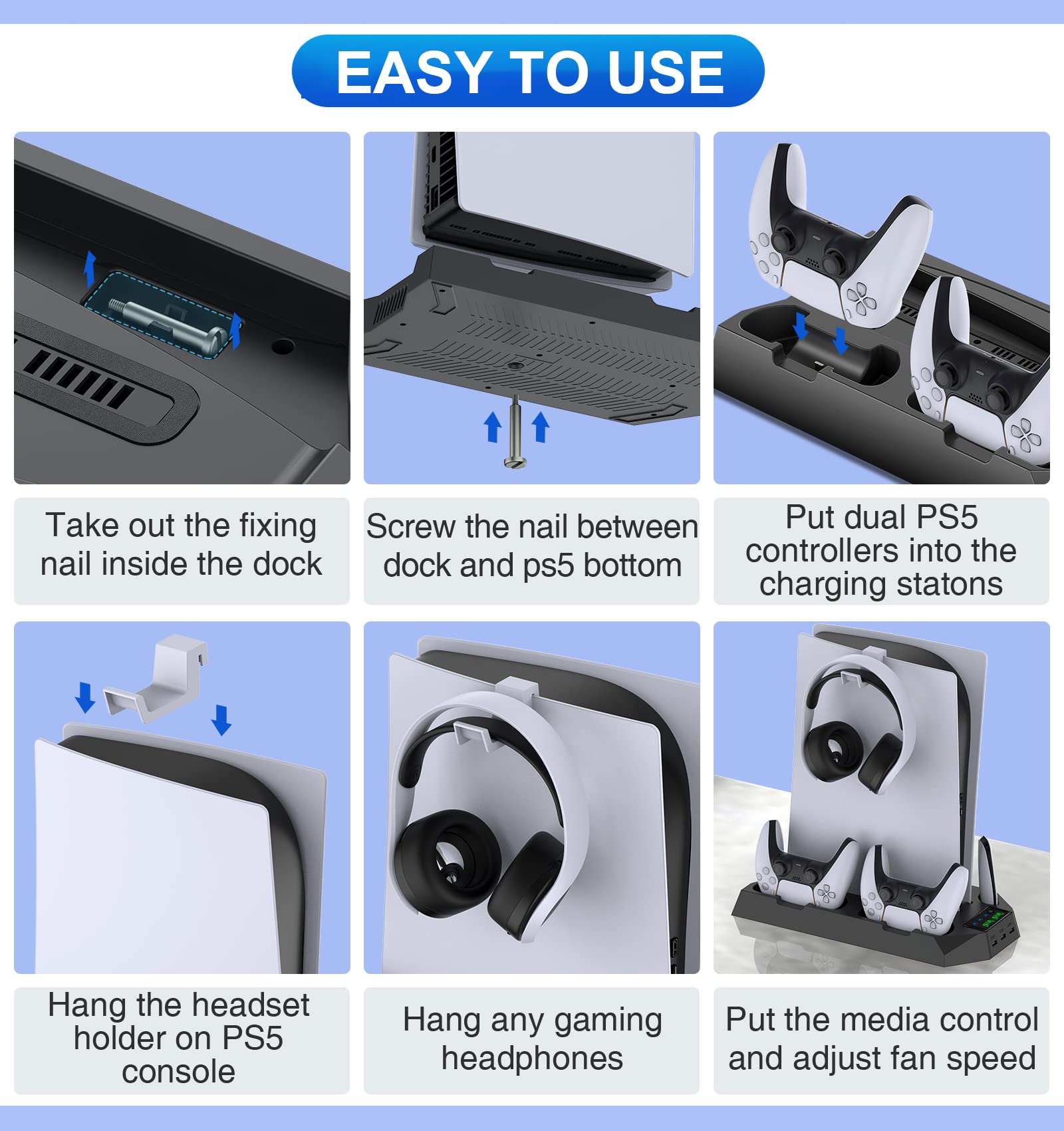 PS5 Stand with Cooling Station PS5 Controller Charging Station for Playstation 5 PS5 Console Edition, PS5 Accessories-Cooler Fan/Remote Charger/Headset Holder(Not Fit 2023 PS5 Slim Disc/Digital)