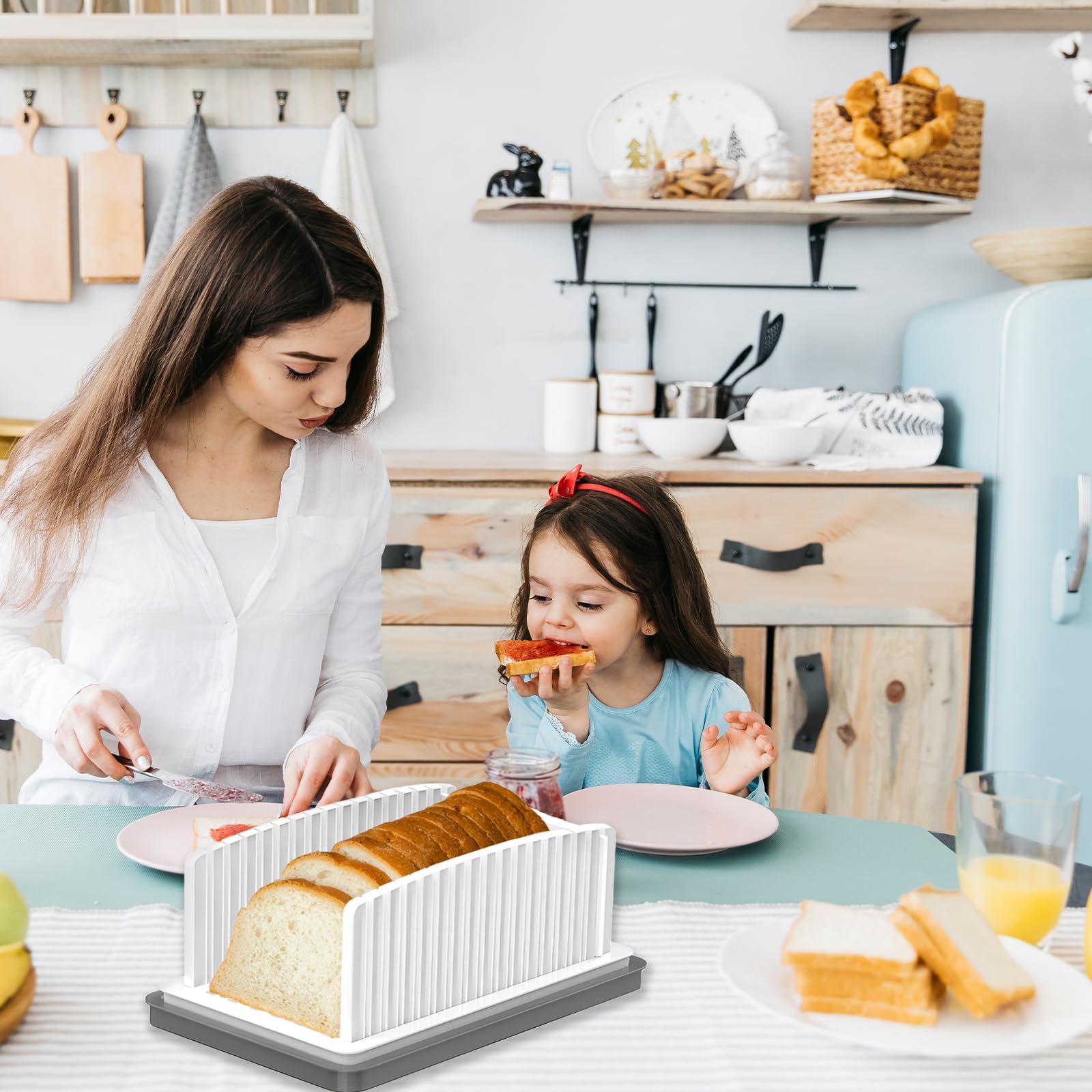 Trez Treamer Adjustable Toast Slicer with Bread Knife - Foldable & Compact Bread Slicing Guide with Crumb Tray, Perfect for Homemade Bread, Bagels, Cakes, and More