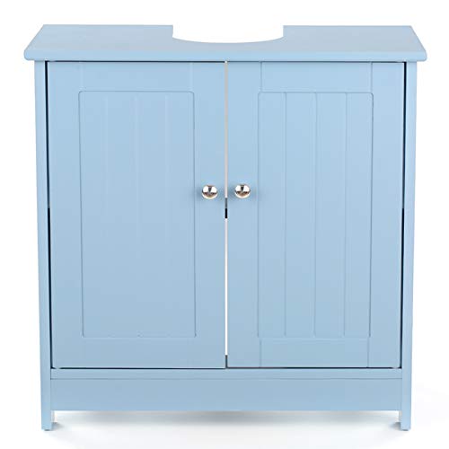 TehRecBT 24" Under Sink Storage Cabinet with 2 Doors and Shelves, Bathroom Vanity Cabinet Without Sink, Bathroom Vanity Base with Bottom Storage, White Bathroom Freestanding Cabinet (Blue)