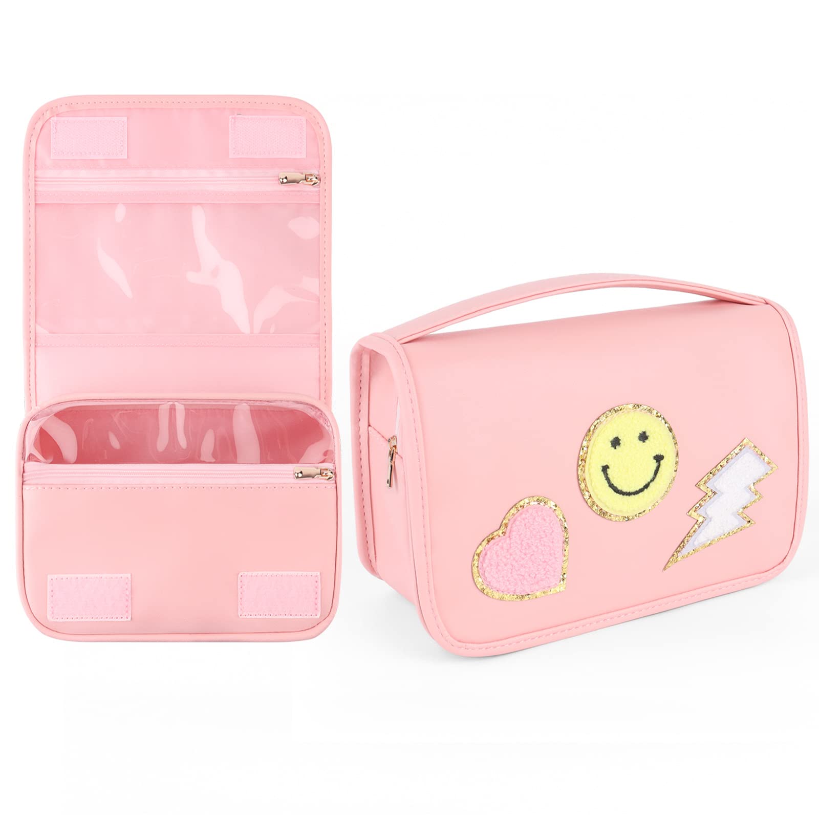 SANCARDY ZOCHON Preppy Patch Makeup Bag PU Leather Small Cosmetic Bag Portable Waterproof Travel Organizer Cute Mini Makeup Bag for Women Gift Pink