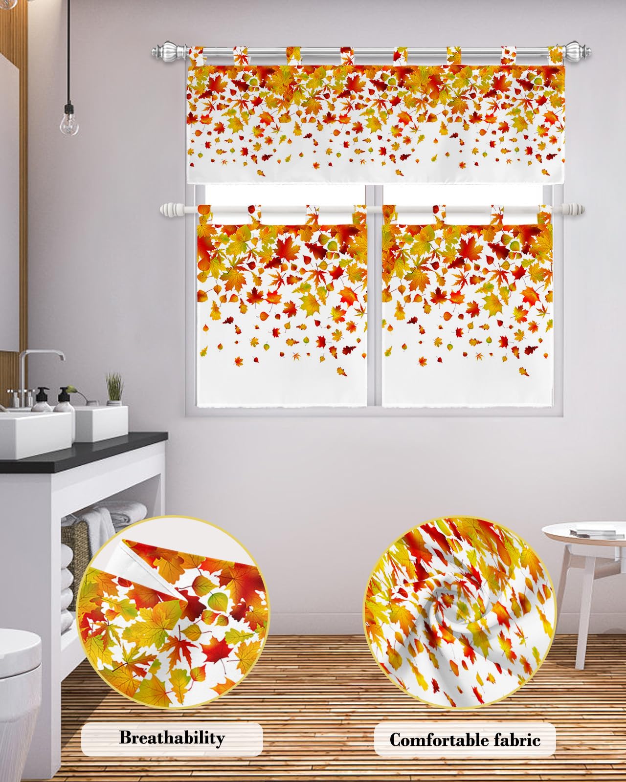 Kitchen Curtains Tiers and Valances Set 3 Piece Tab Top Valances for Windows, Fall Decor Kitchen Window Curtains Set, Valances for Living Room Bedroom, Orange Gradient Maple Leaves Thanksgiving