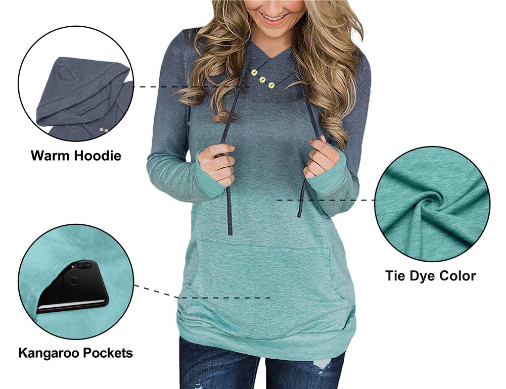 KISSMODA Women's Loose Fitting Tops Buttons V Neck Pullover Sweatshirts for Leggings with Pockets Green S