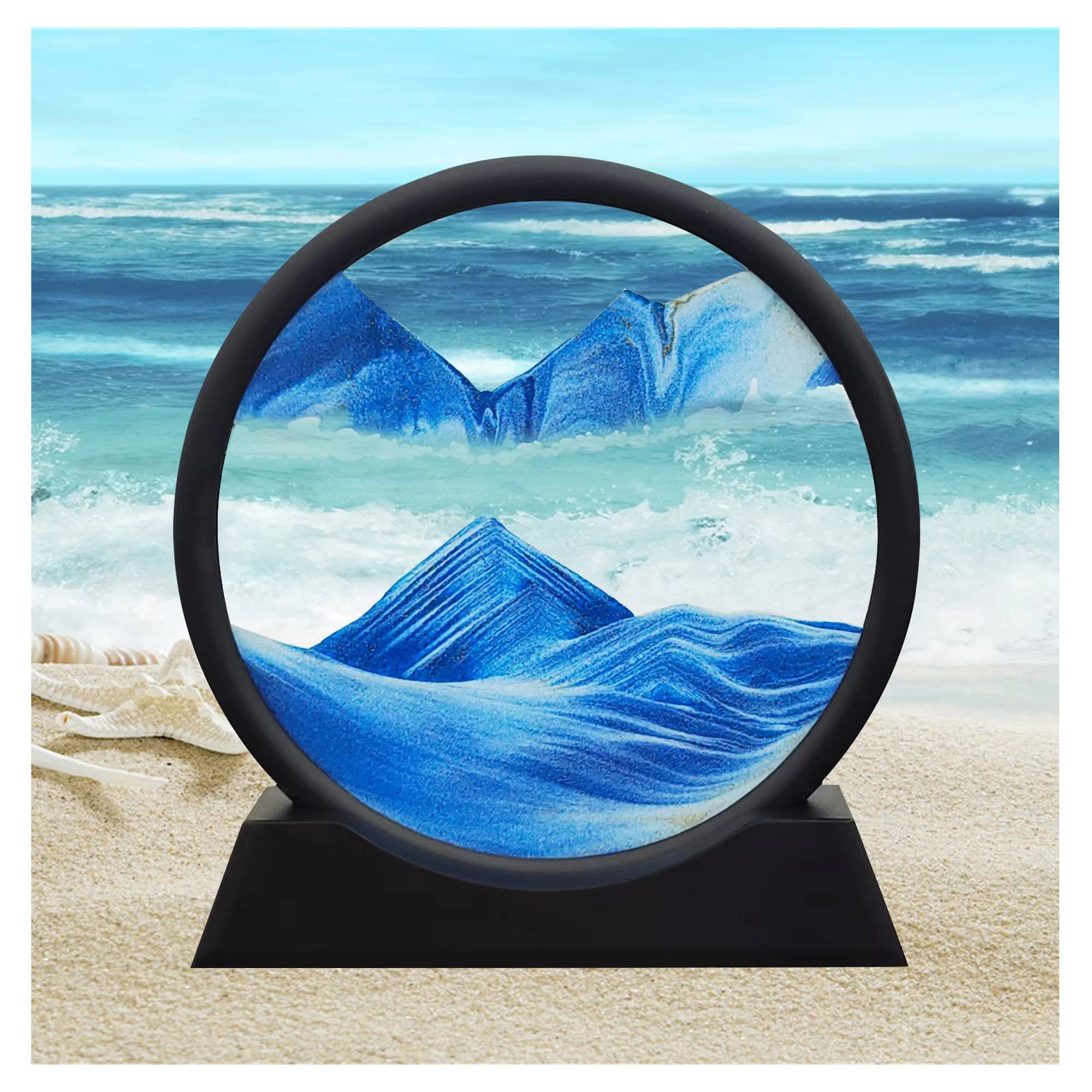 oving Sand Art, 3D Deep Sea Sandscape in Motion Display Round Glass Flowing Sand Frame, 7IN Sand Art Kid's Toys for Home Decor and Office (Blue)