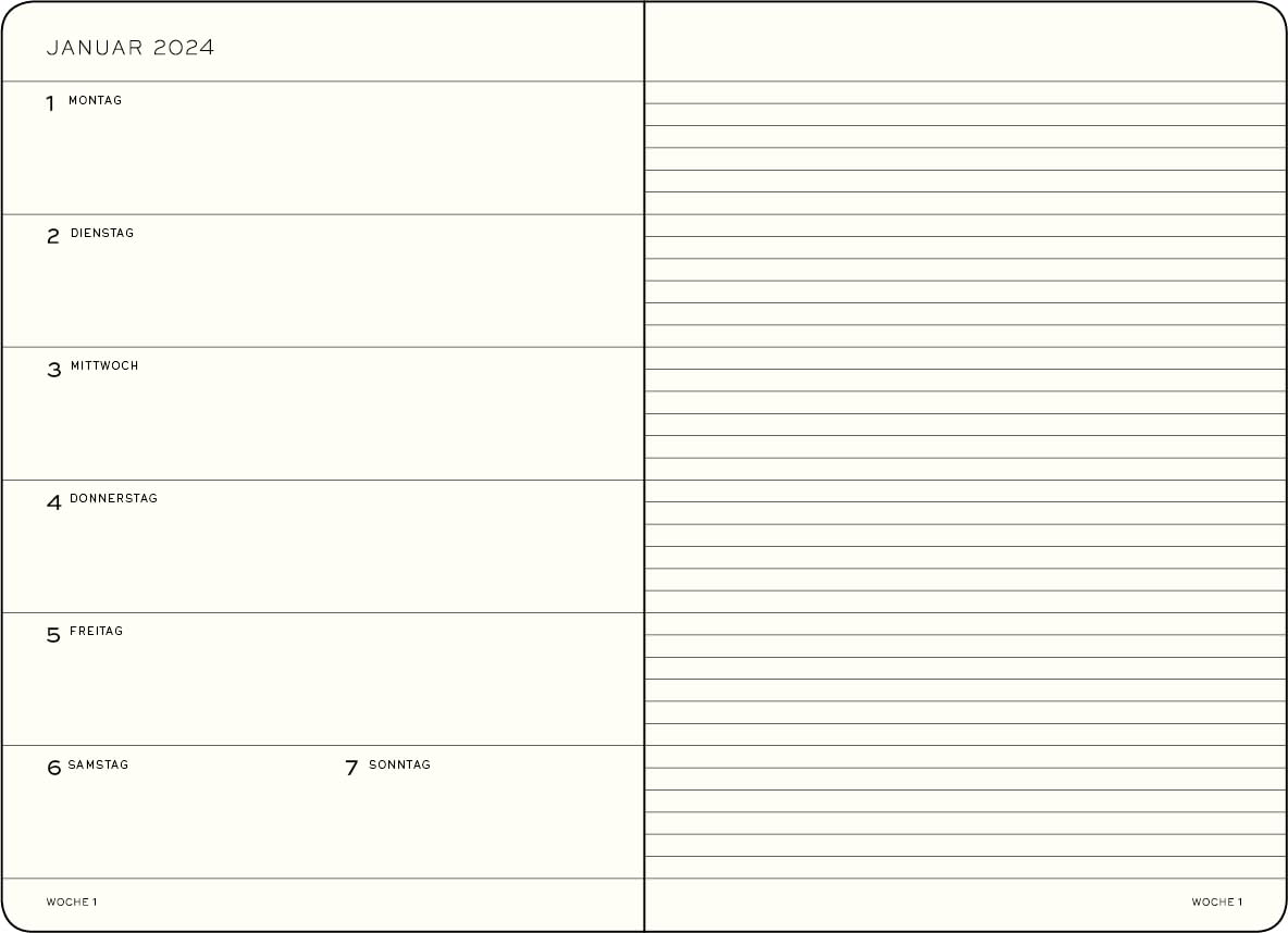 LEUCHTTURM1917 367787 Weekly Calendar & Notebook Medium (A5) 2024, Soft Cover, Black, German, 12 Months
