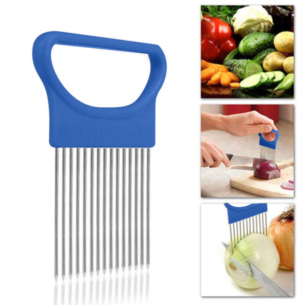 Kitchen Cutting Tool Slicer, Tomato Onion Vegetables Slicer Cutting Aid Holder Guide Slicing-Cutter Stainless Safe-Fork (Blue, One Size)