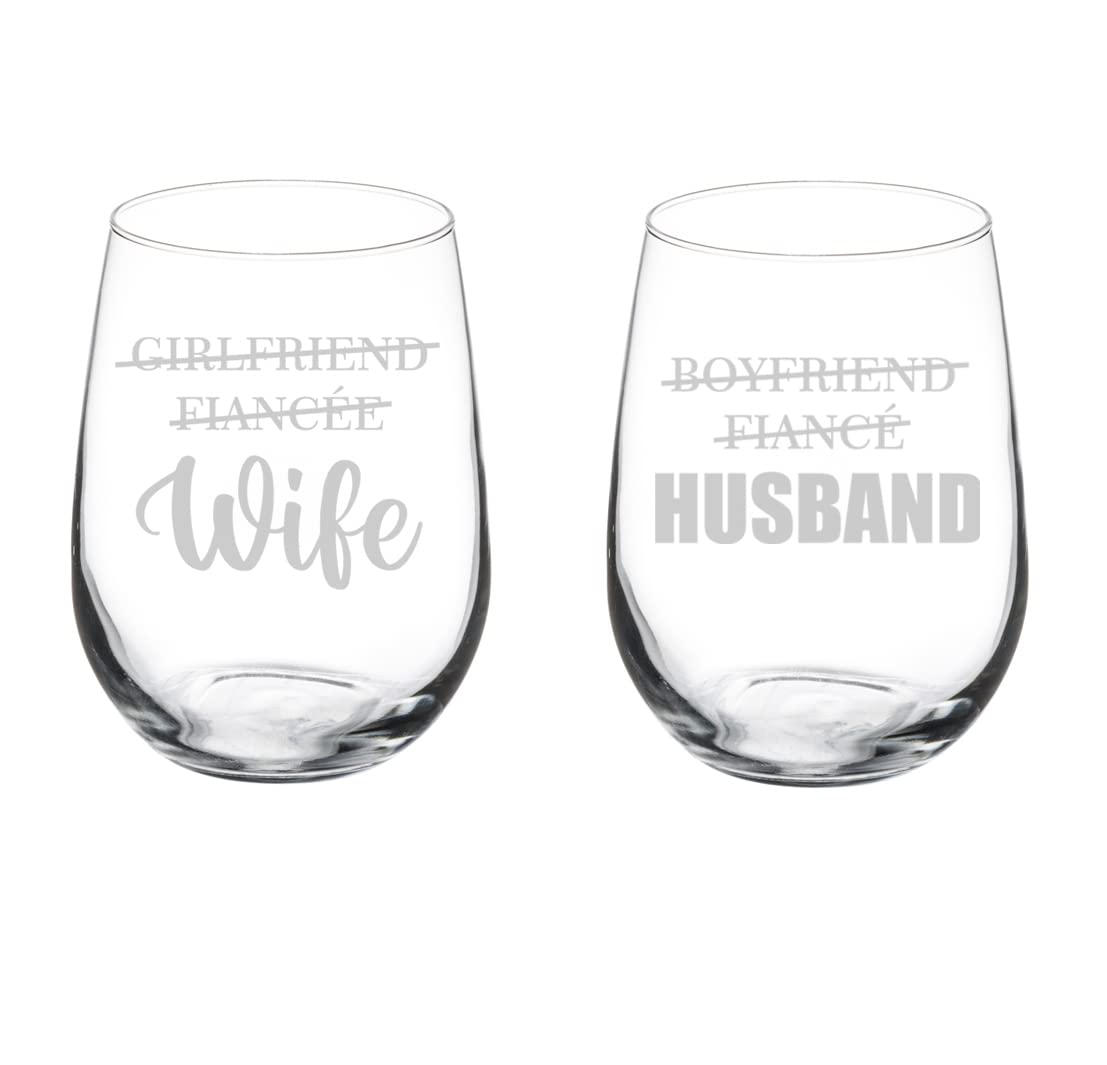 MIP Set of 2 Wine Glass Goblet Gift Girlfriend Fiancee Wife Boyfriend Fiance Husband Husband And Wife Wedding For Couple Bride And Groom (17 oz Stemless)