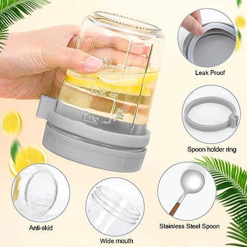 Tekuve 4 Pack Overnight Oats Containers with Lids and Spoon, 16 oz Glass Mason Jars with Airtight Lid for Overnight Oats Meal Prep Chia Yogurt Salad Fruit Gray White
