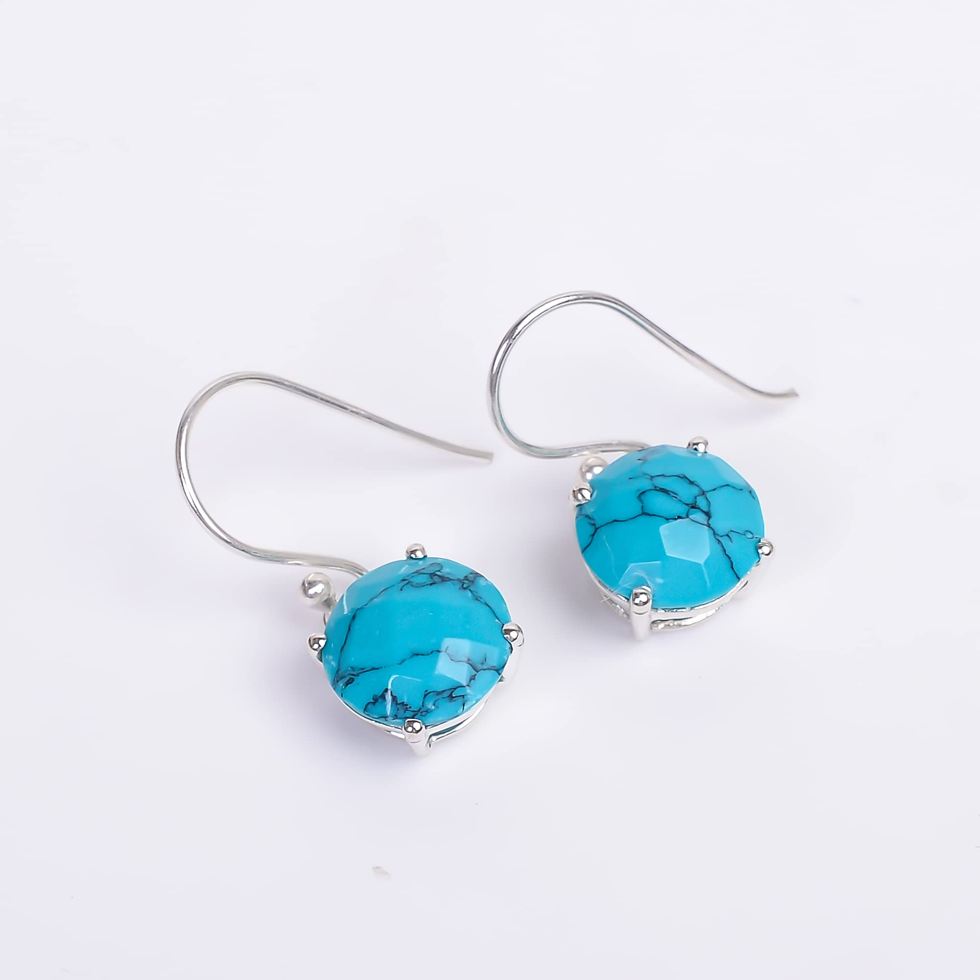 NMS Jewelry 925 Sterling Silver 10mm Round Gemstone Dangle Earrings for Women with hook (Round Earrings 10mm, Turquoise)