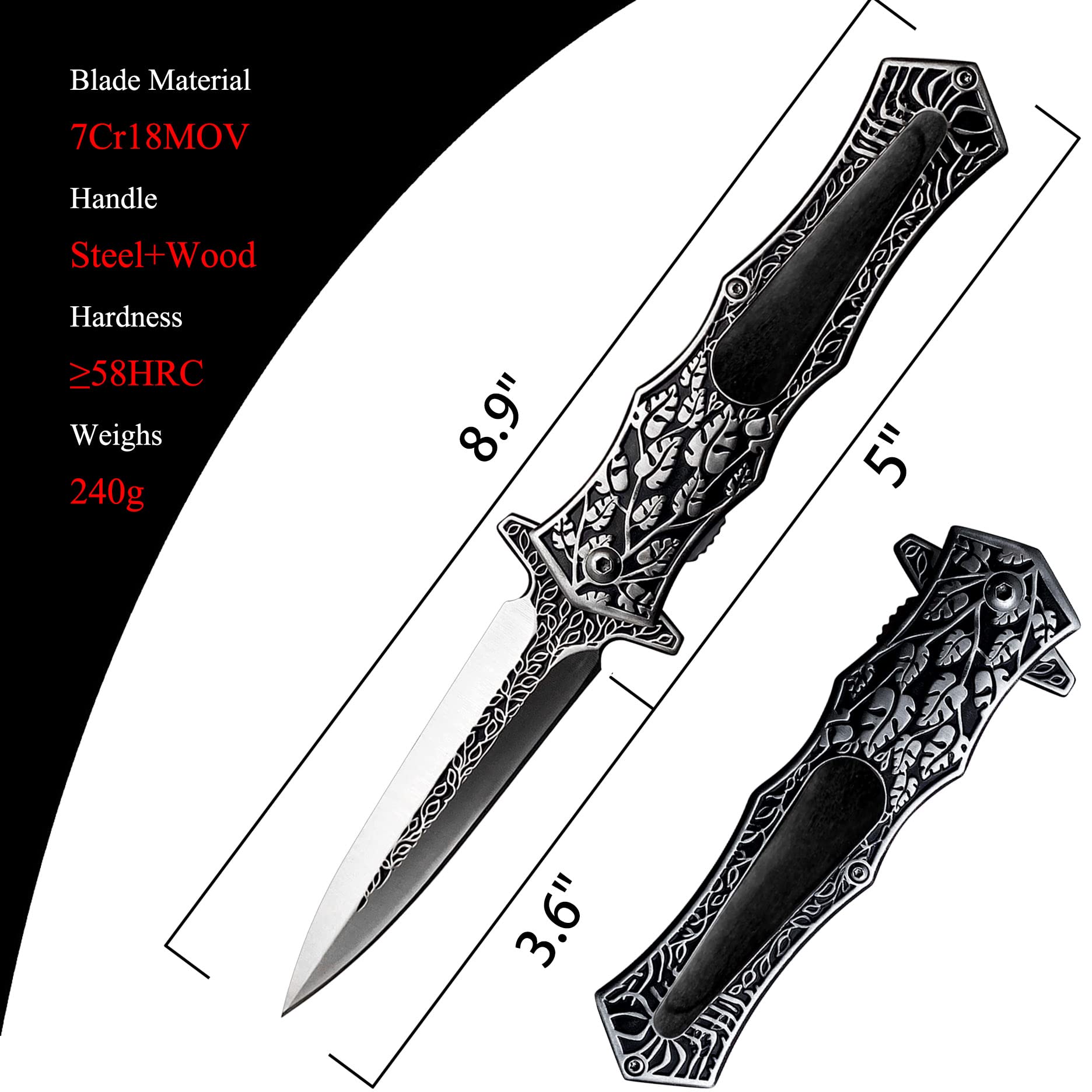 NAXFUSS Camping Tactical Japanese Pocket Knife with Leaf Patterned Wooden Handle and Clip - 8.9" EDC Hunting Survival Folding Knife with Clip, Unique Gifts for Men