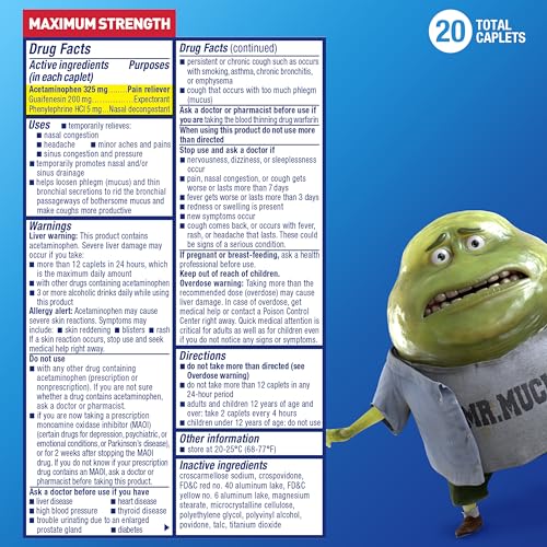 Mucinex Sinus Max Severe Congestion & Pain Relief, Maximum Strength Nasal & Sinus Relief, Decongestant for Adults, Acetaminophen Pain Reliever, Guaifenesin Expectorant and Mucus Removal, 20 Caplets