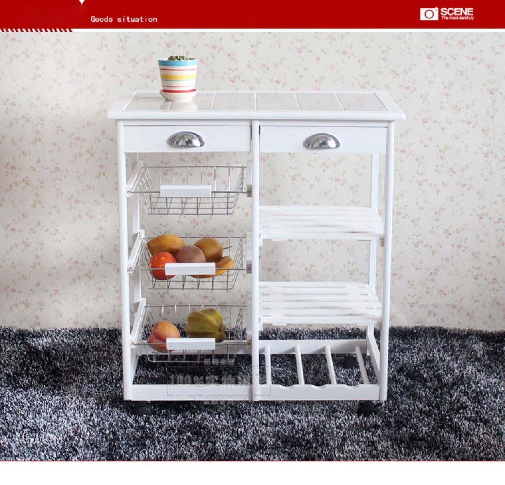 Kitchen Island Cart on Wheels,3 Tiers Rolling Utility Trolley Cart with 2 Drawers,Basket & Storage Shelf,Rolling Kitchen Island,Coffee Bar Microwave Stand Cart with Rolling Wheels for Kitchen(White)