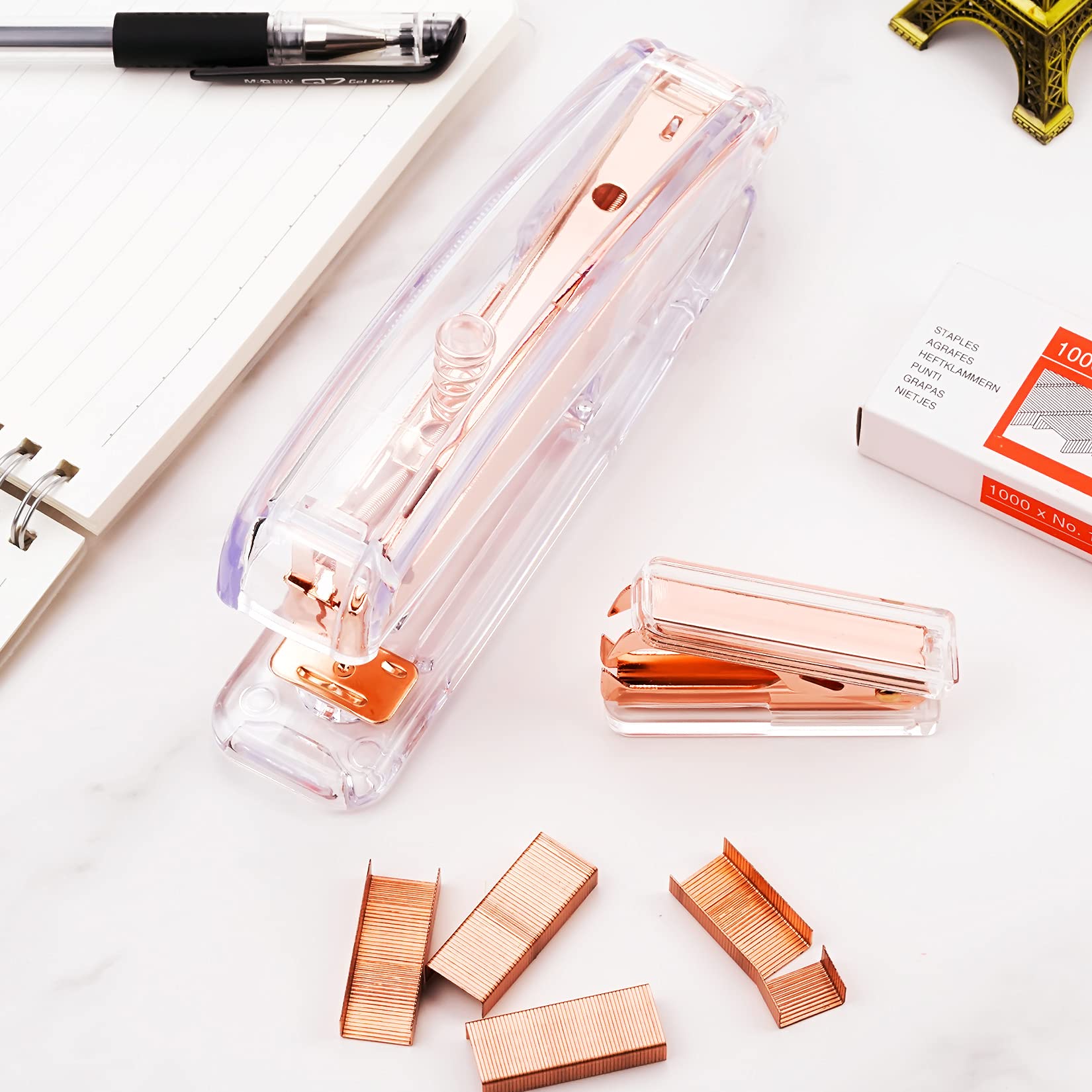 Jmkcoz Rose Gold Acrylic Desktop Stapler Staple Remover with 1000pcs Rosegold Staples for Home School Office Stationery Desk Supplies Accessory Kit