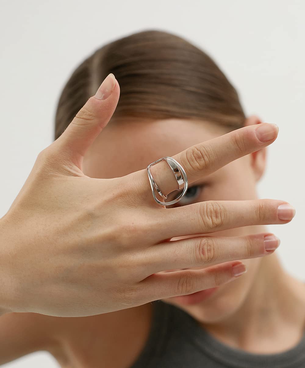 Personalized Simple Geometric Statement Rings Minimalist Fashion Knuckle Stackable Gold Silver Ring for Women Girls Teen Finger Ring Adjustable Size Daughter Gifts (Silver)