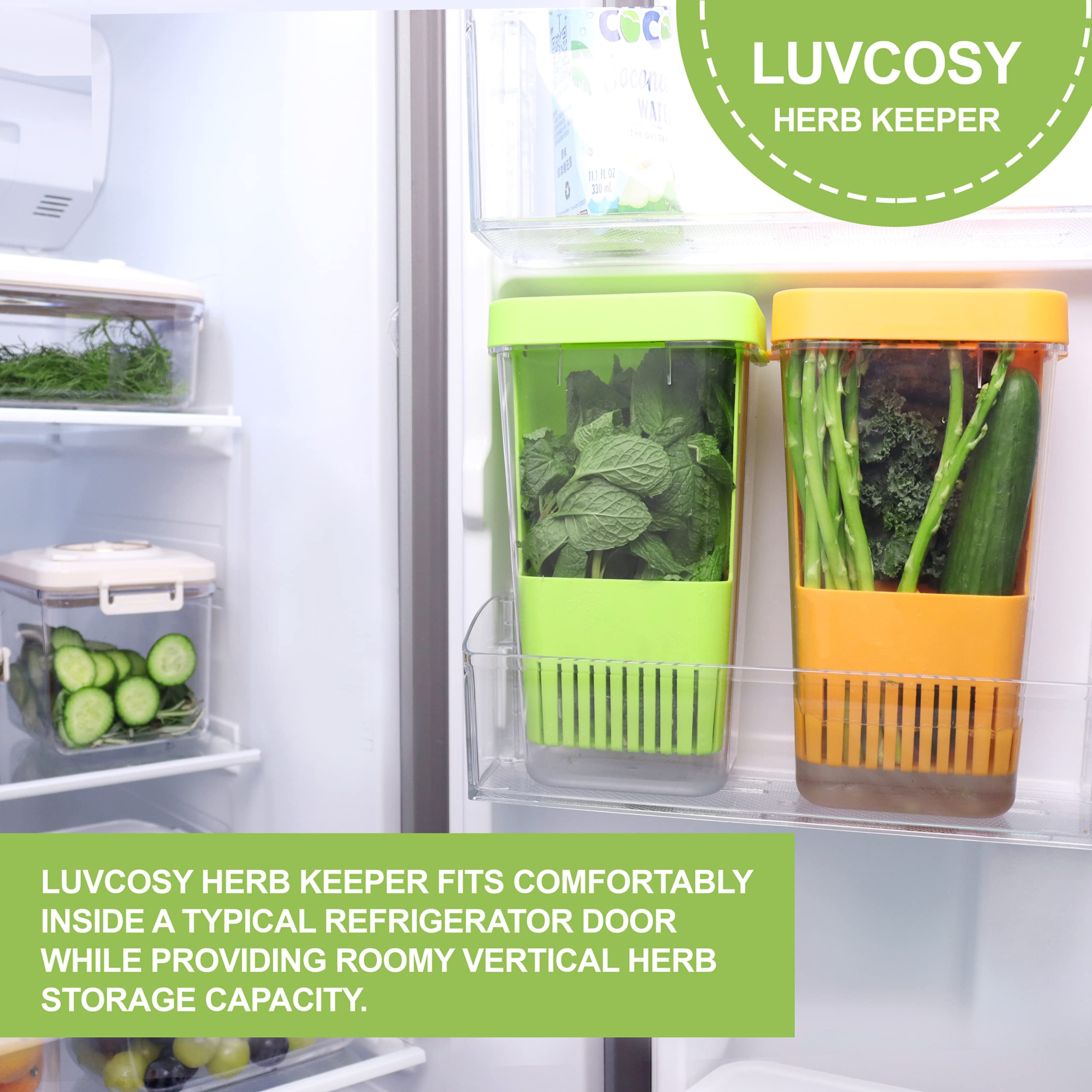 LUVCOSY Fresh Herb Keeper for Refrigerator, Clear BPA-Free Herb Saver, Storage Container for Cilantro, Parsley, Thyme, Mint & Asparagus, Preserver Keeps Fresh Herbs for 3 Times Longer, Green & Orange