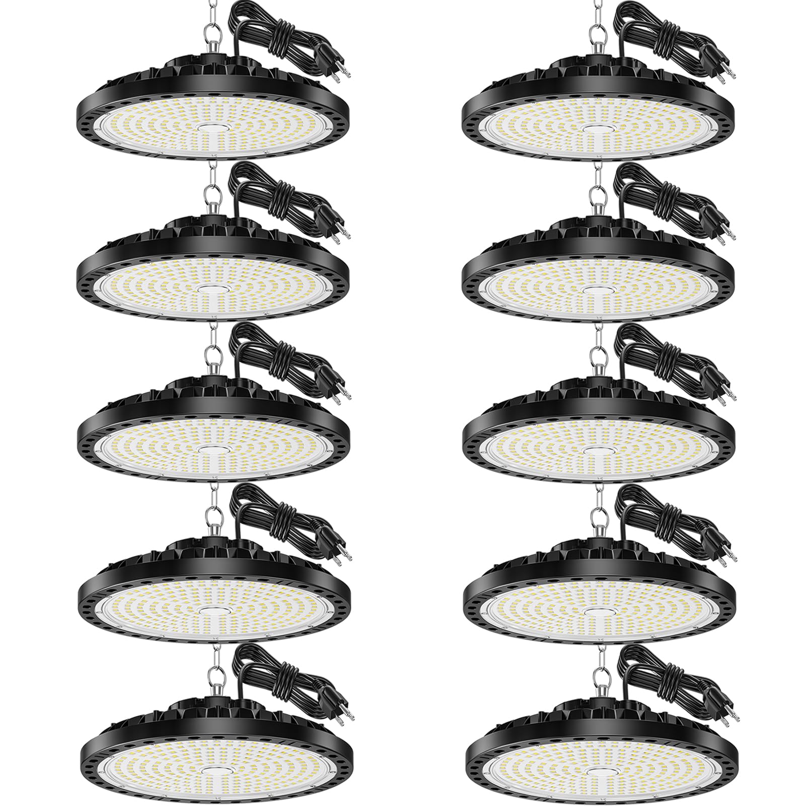 UFO LED High Bay Light - 10 Pack 200W 28000LM High Bay LED Light with US Plug 6.56FT Cable and LED Transformer, 7000k Daylight LED Shop Lights for Workshop for Garage, Factory, Workshop, Barn, Shop