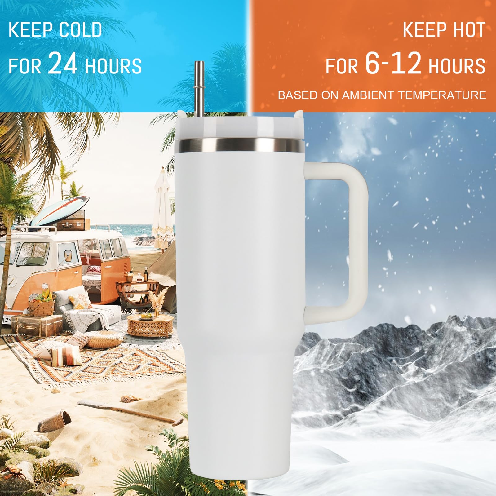 Kerykwan 40oz Tumbler with Handle Insulated Stainless Steel Travel Coffee Mug with Straw&Lid Large Water Bottle Cup for Hot&Cold Beverages (White)