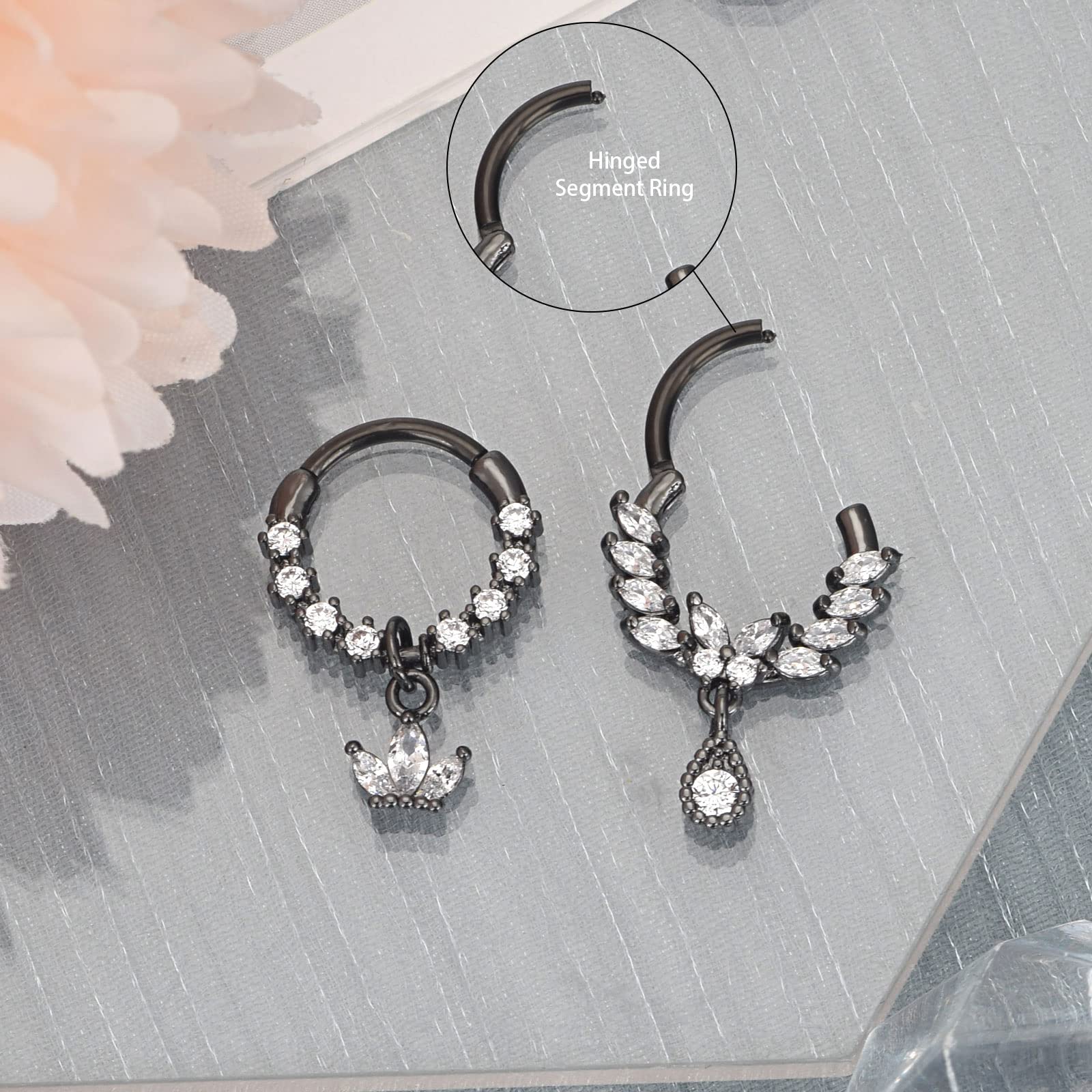 Qmcandy 6pcs Stainless Steel Wire Wrapped Septum Clicker Triple Spike Hinged Seamless Ring 16g Nose Piercing Jewelry, Black 3/8"