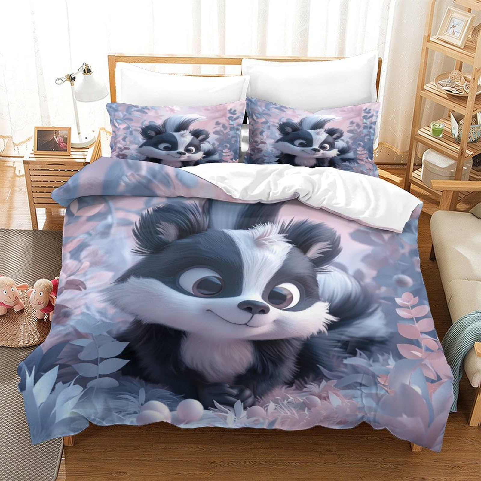 THUBDYEA Skunk Bedding Set 3D PrintedSiberian Sled Dog Quilt Cover Comforter Covers Duvet Cover for Childrens and Adults with Pillowcases Microfiber 3 Pieces with Zipper Closure Queen(228x228cm)