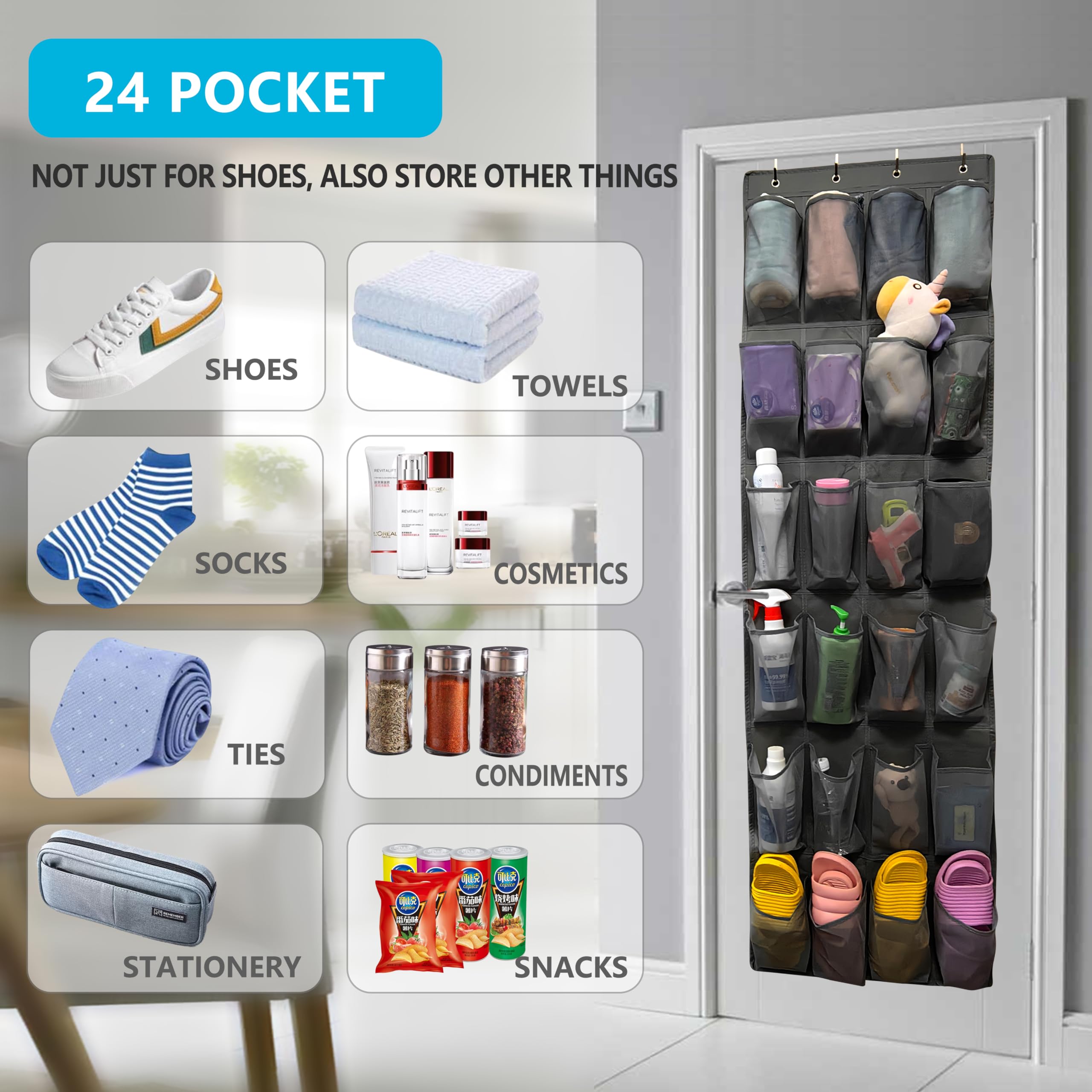 WANLD Space Saving Mesh 24 Pocket Shoe Organizer - Resistant, Breathable Closet Storage,Up to 40 Pounds, Over the Door, Sneakers. (Black, Pack of 1)