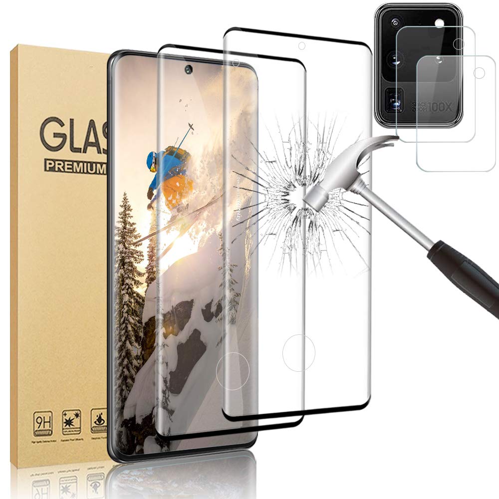 LETANG [2+2 Pack ] Galaxy S20 Ultra Screen Protector Tempered Glass, with 2 Pack Camera Lens Protector, 9H Hardness, Support Fingerprint, 3D Curved Glass Film