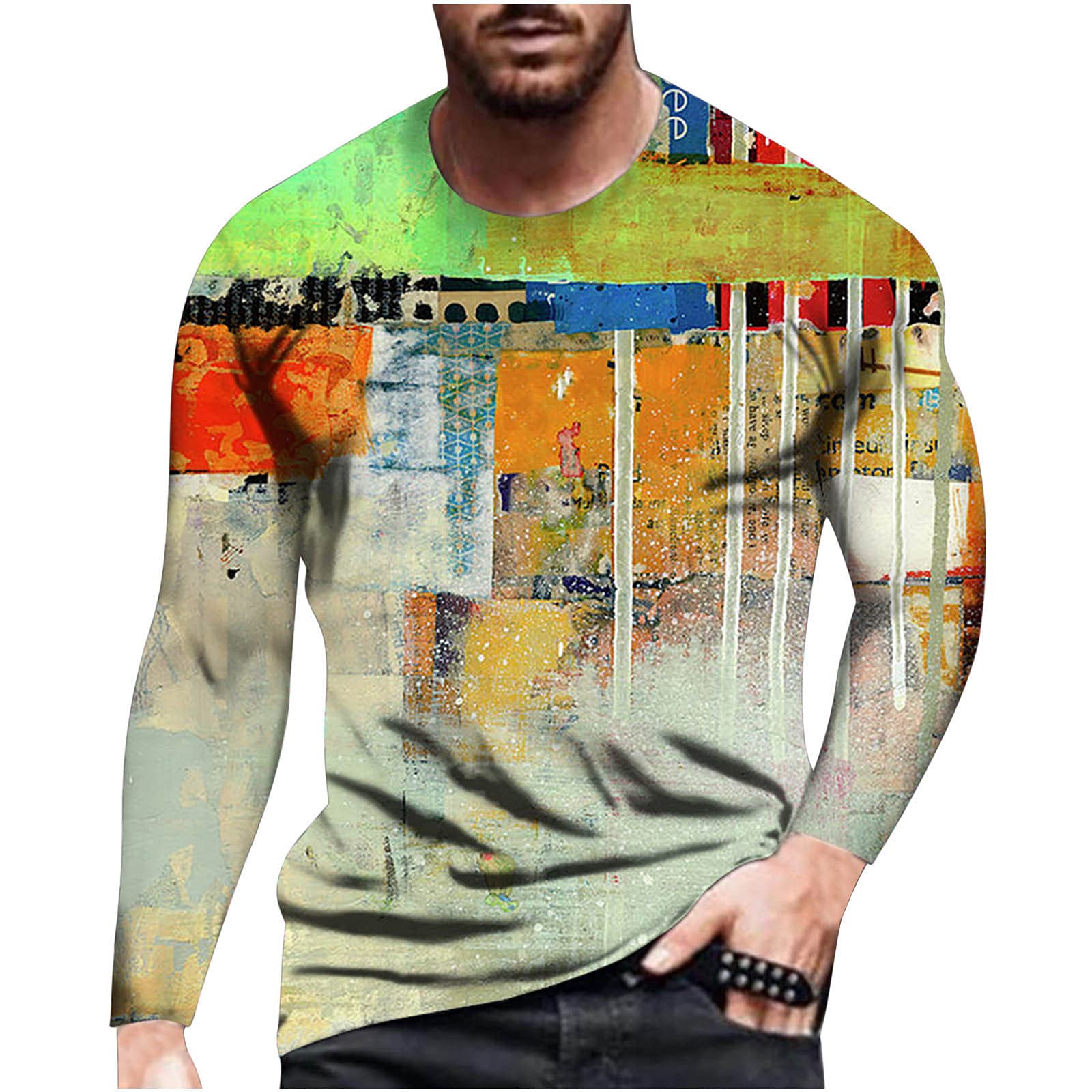 Mens Bee Tops Fashion Hip Hop Long Sleeve Graphic T-Shirt Casual Colorful Tie Dye Pullover Top All Over Print Tee Shirt Khaki
