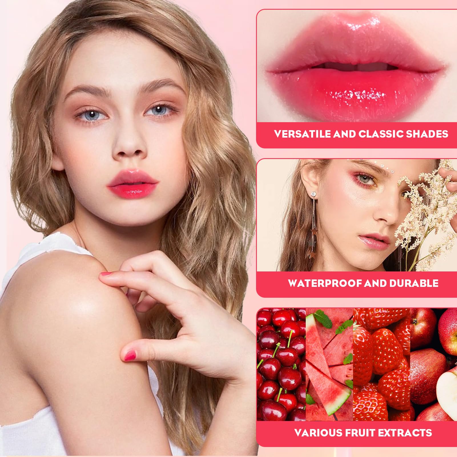 Lip Tint Korean Stain Set, 4 Colors Tinta Para Labios Water Long Lasting Waterproof Easy Apply Plumping Lip Moisturizing Mini Lipstick(Apple & Strawberry &Watermelon& Cherry)