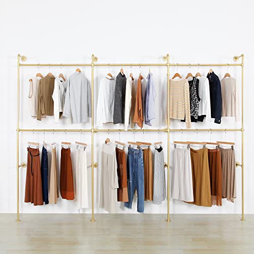 ZGZR Wall Mounted Industrial Pipe Clothing Garment Racks, Metal Clothing Store Display Stands Clothes Rack Multi-purpose Heavy Duty Hanging Rod for Closet Storage, 134in Gold