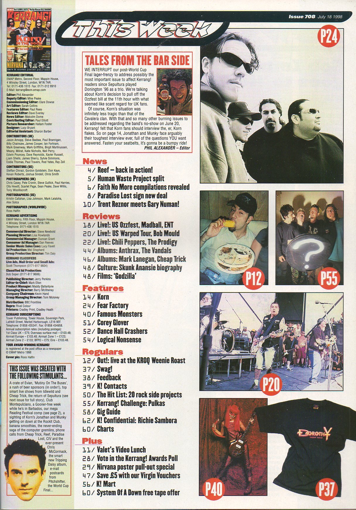 Kerrang! #708 July 18 1998 UK Magazine KORN IN THE DOCK Ozzfest Flakes Face the Fans NIRVANA: RARE & UNSEEN POSTER PULL-OUT