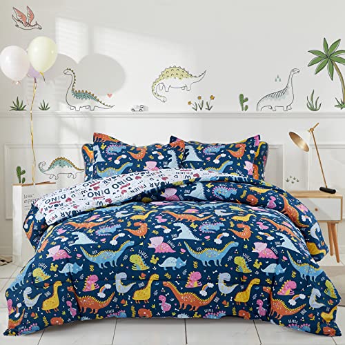 Joyreap 3pcs Comforter Set for Kids Boys, Cute Dinosaur Printed on Navy Reversible Design, Soft Microfiber Comforter for All Season (Twin, 68x86 inches)