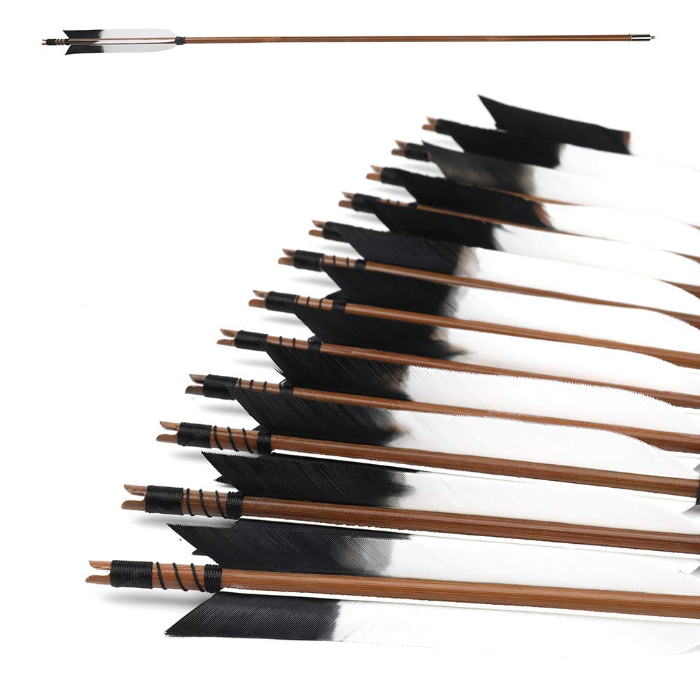 PG1ARCHERY Archery Bamboo Arrows, 12 Pack 28-39INCH Targeting Hunting Arrow Self Nock 6.2" Turkey Feather Fletched for Longbow Traditional & Recurve Bow (30 INCH)