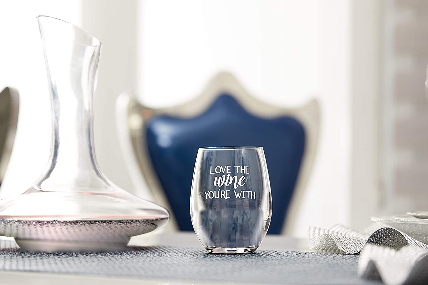Lushy Wino β Love The Wine You're With β Cute, Novelty, Etched Stemless 16-Ounce Wine Glass with Funny Sayings in Gift Box
