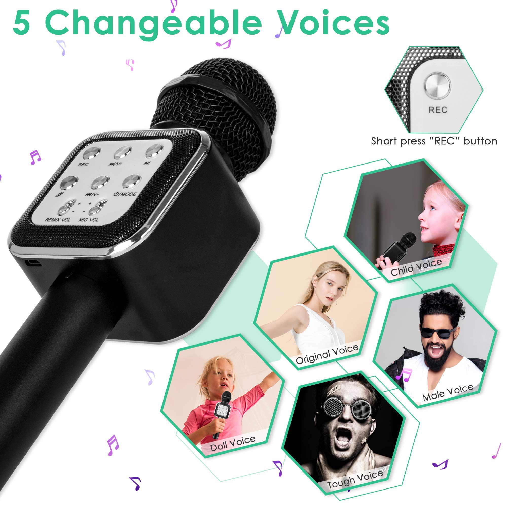 KIDWILL Wireless Bluetooth Karaoke Microphone for Kids, 5-in-1 Portable Handheld Karaoke Mic Speaker Player Recorder with LED Lights for Kids Girls Boys Teens Birthday (1818-Black)