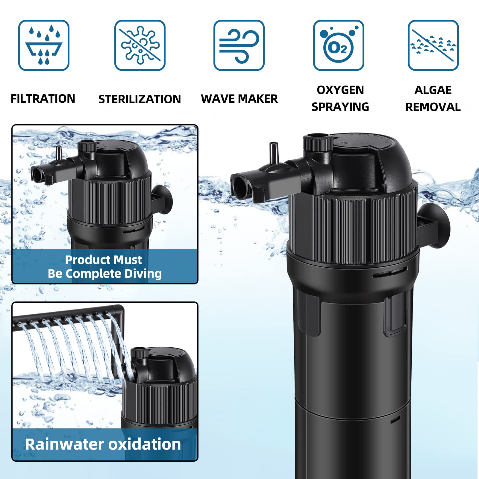 JAHEA Aquarium Filter w/Cycle U-V Light,Internal Green Water Killer Filter Aquarium Tank for 40-120 Gallon,130 GPH 5 in 1 Fish Tank Filter(6W U-V+5W Pump)