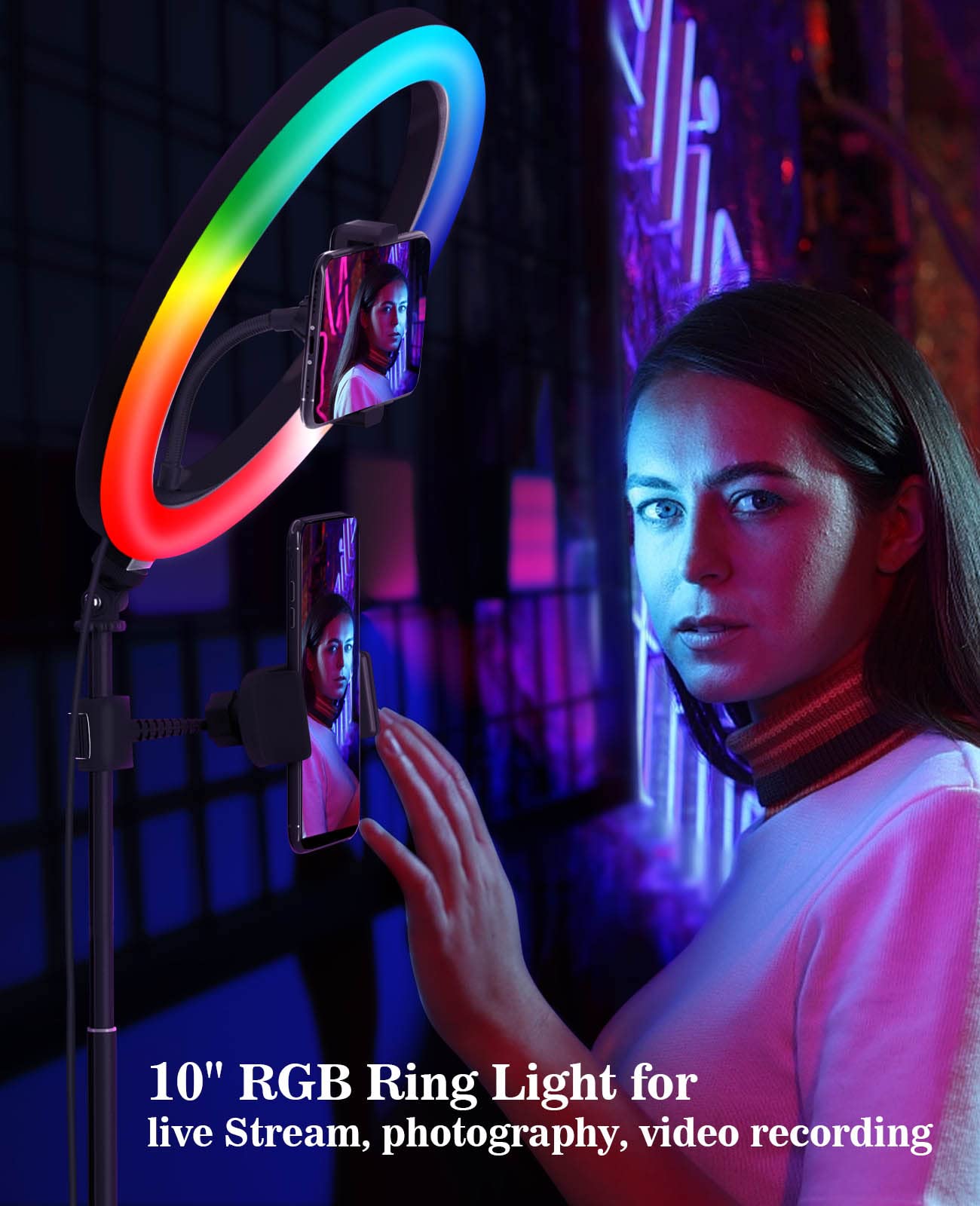Selfie Ring Light with Stand and Phone Holder, RGB 10'' Ringlight for Photography/YouTube/Video Recording/Vlogs/Makeup/Live Stream/TikTok