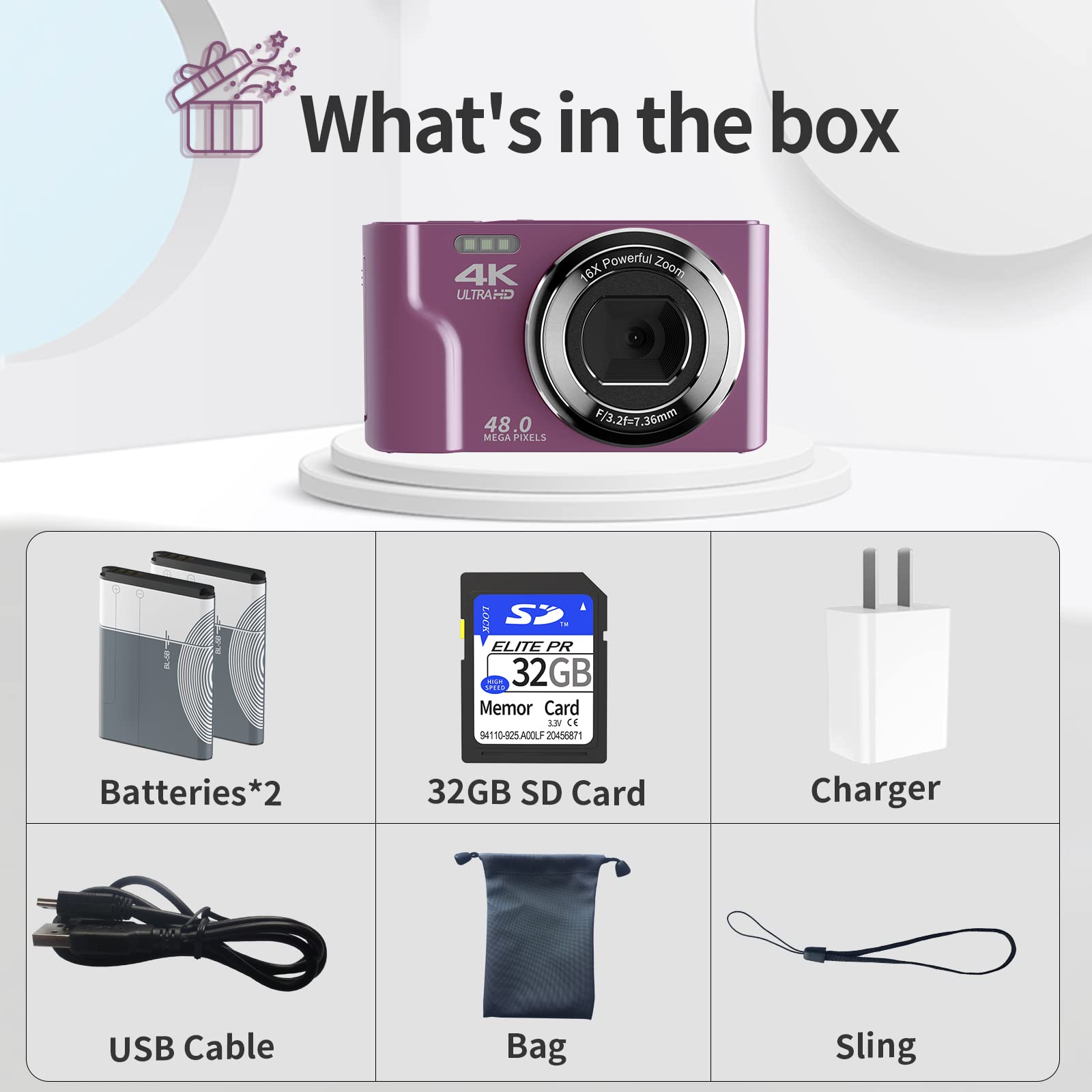 Saneen Digital Camera, 4K Cameras for Photography & YouTube, 48MP Small Compact Digital Camera for Teens, Kids,Elder,Beginners,16X Digital Zoom,with 32GB SD Card - Pink