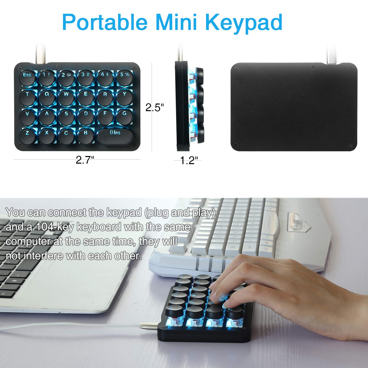 Koolertron One Handed Macro Mechanical Keyboard,Blue LED Backlit Portable Mini One-Handed Mechanical Gaming Keypad 23 Fully Programmable Keys Red Switches with Retro Classic Typewriter Round Keycaps
