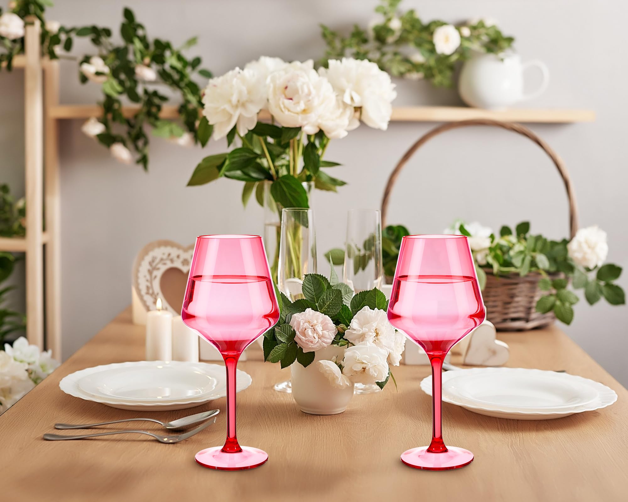 Leinuosen 24 Pcs Plastic Wine Glasses Bulk 15 oz Pink Crystal Colored Wine Glasses with Long Stem Unbreakable Plastic Goblets Stemmed Drinking Glasses Reusable Drinkware for Christmas Party