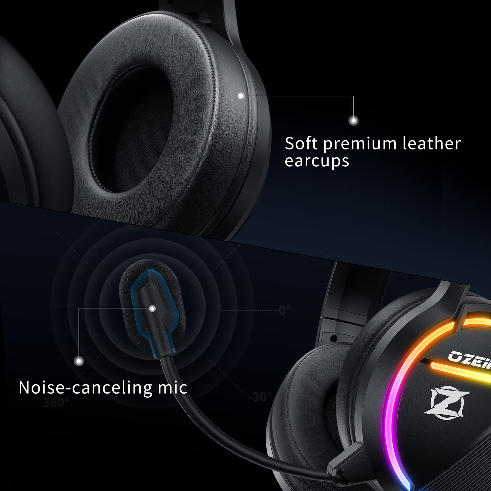 Ozeino Gaming Headset for PS4 PS5 Xbox Series X|S, Xbox One, 3D Stereo Surround Headset with Microphone, Lightweight Comfortable, RGB Dynamic Lighting Gaming Headphones for PC, Switch, Laptop, Mobile