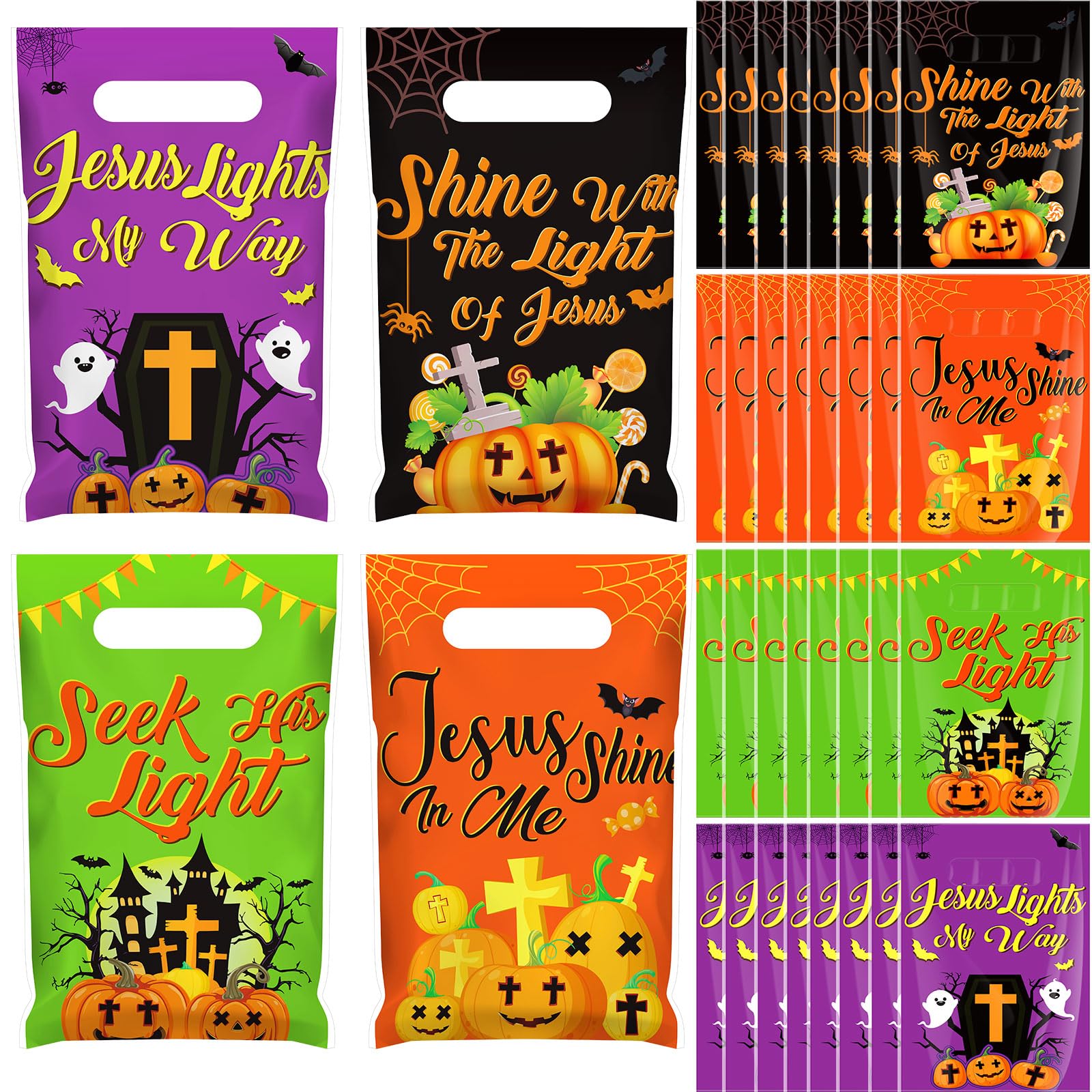 Tiangrid 48 Pieces Halloween Plastic Gift Bags Halloween Pumpkin Treat Bags Christian Religious Candy Bags Mixed Color Party Favors Bags with Handle for Holiday Supplies
