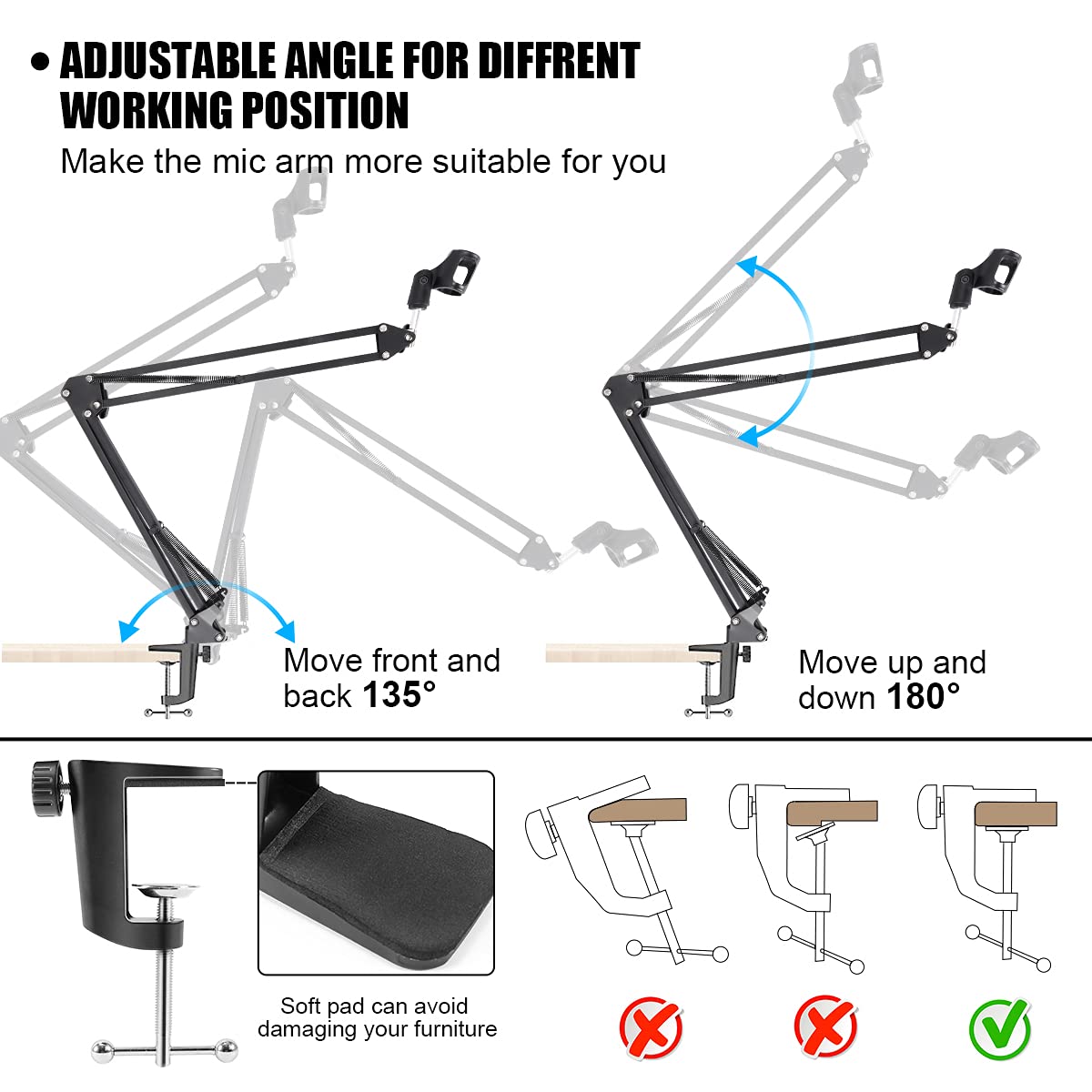 Microphone Stand, WOSTOO Mic Stand Desk Boom Arm with Fill Light Professional Microphone Boom Arm Scissor for Blue Snowball & Most Other Mics for Live Streaming Recording Singing Home Studio