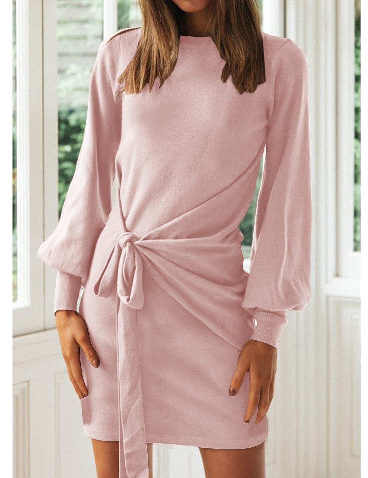 MEROKEETY Women's Puff Sleeve Tie Waist Sweater Dress Solid Color Soft Knitted Bodycon Mini Dress Pink