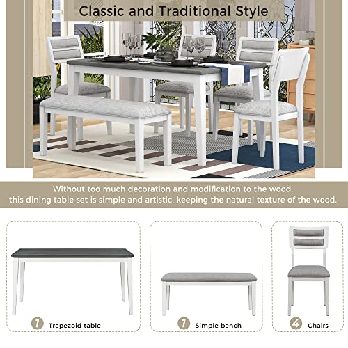 Woanke 6 Piece Dining Set, Including Wood Dinette Table and 4 Upholstered Chairs and a Bench with Cushion, Classic Traditional Style, White+Gray