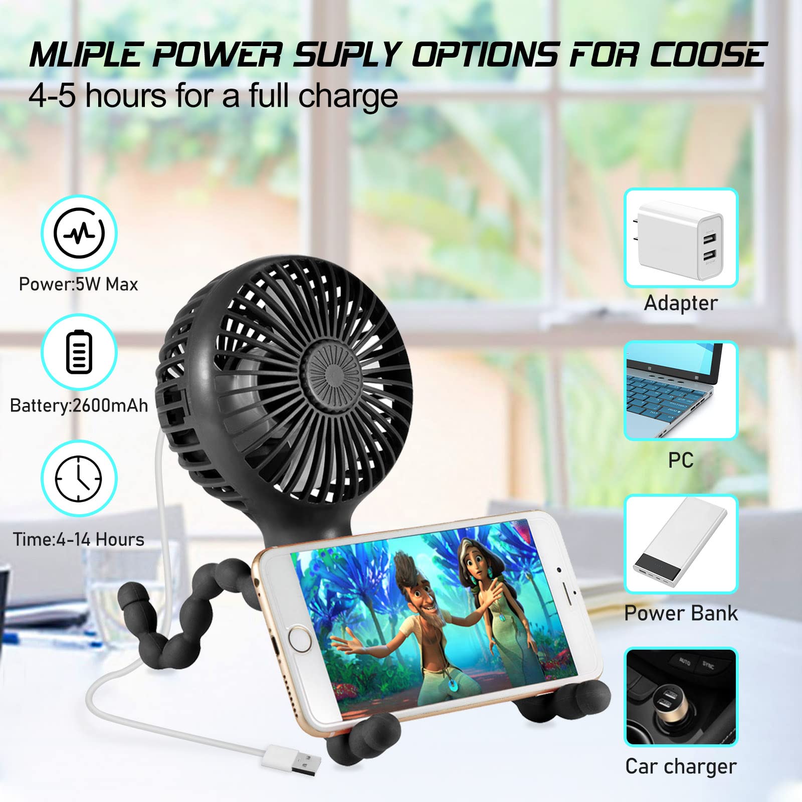 scurry Stroller Fan, Portable Desk Fan, Mini USB Fan, 2600mAH Rechargeable Battery Operated Fan with LED Light and Aromatherapy, Flexible Tripod Design Personal Handheld Fan for Stroller (Black)