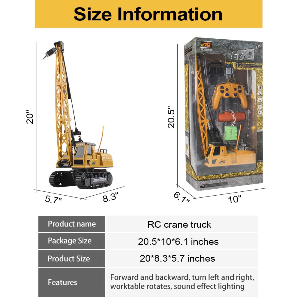 Remote Control Tower Crane - 12 Channel 2.4GHz Remote Control Lift Model Truck, Digging Engineering Toy with 2 Rechargeable Batteries, Crawler Loader Excavator Bulldozer, RC Construction Toy for Kids