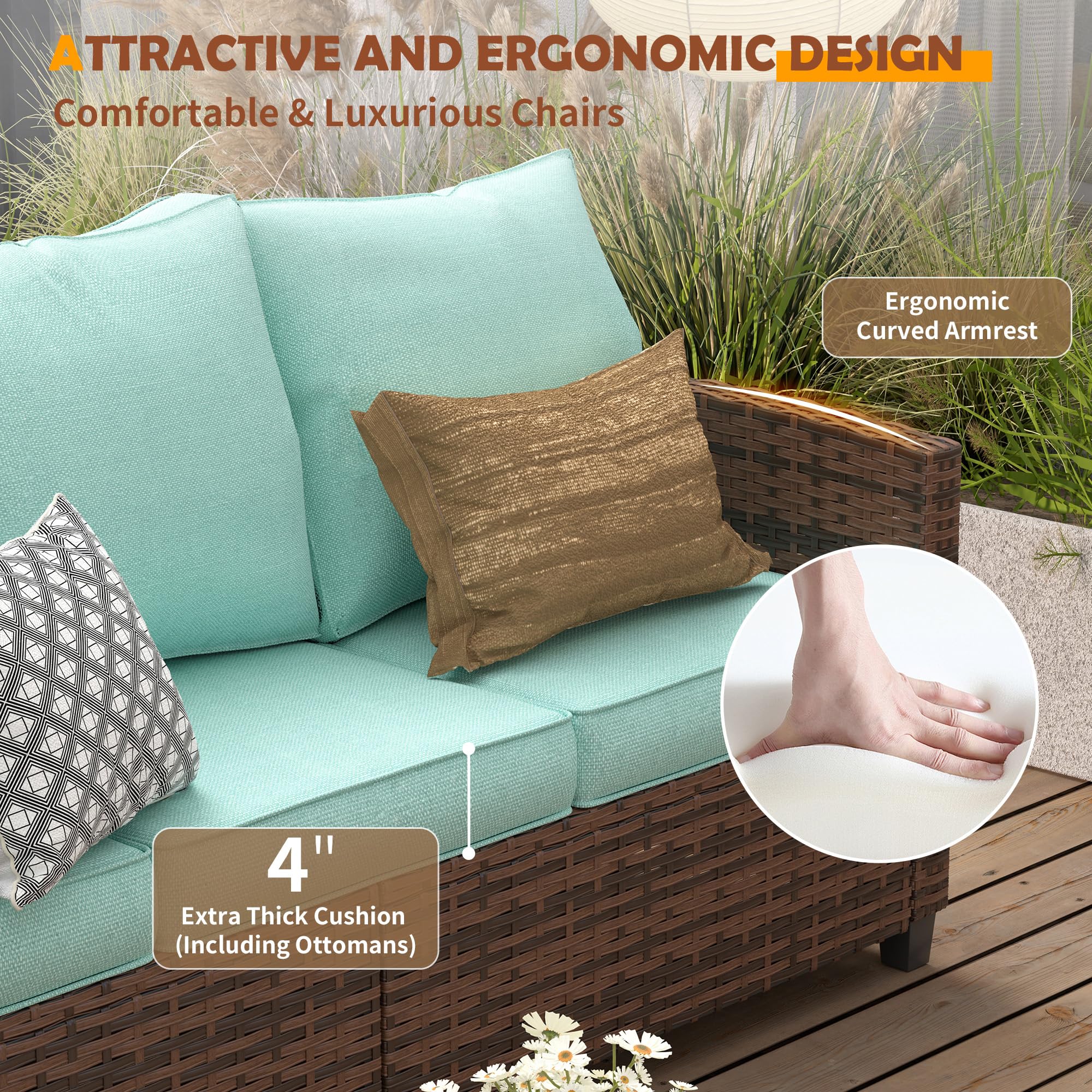 UDPATIO Patio Furniture Set, 5 Pieces Outdoor Sectional Sofa Set, All-Weather Wicker Rattan High Back Patio Conversation Set with Ottoman for Poolside, Backyard, 4" Thick Cushions, Light Blue