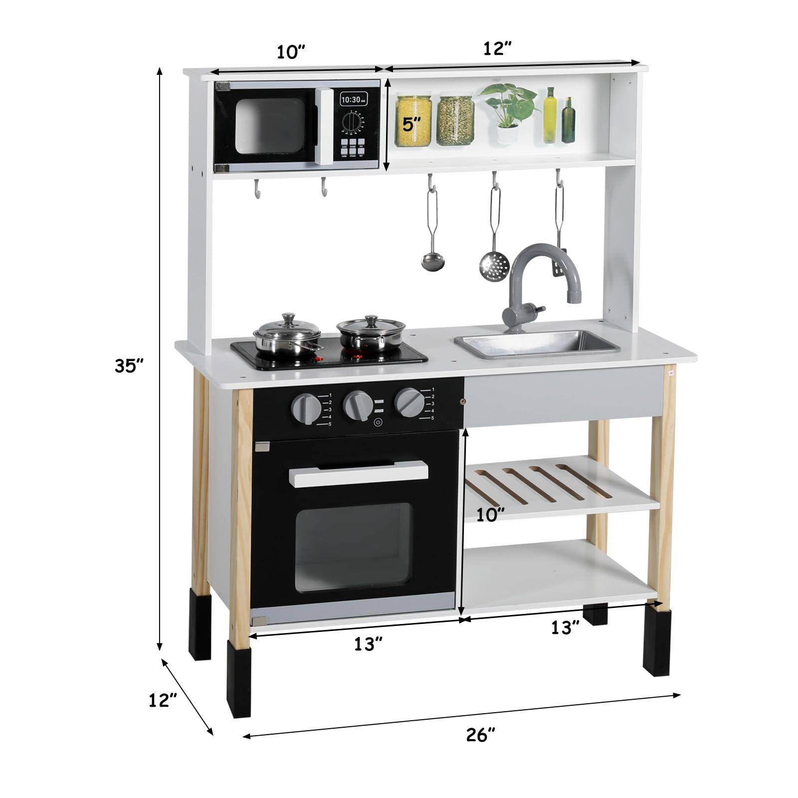 Kinder King Wooden Kids Play Kitchen, Toy Kitchen Playset for Toddler, Pretend Oven with Light & Sound, Interactive Door, Microwave, Knobs, Realistic Kitchen Set for Boys Girls Age 3+, Black