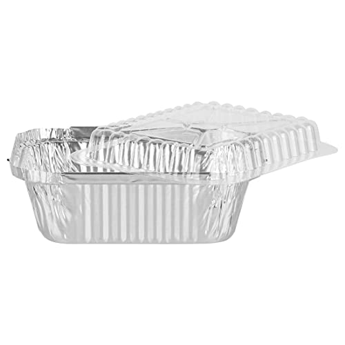 PARTY BARGAINS 1 Lb. Small Aluminum Pan with Lids - 100 Pack Set with Plastic Dome Lids, 5.5" x 4.5" Disposable Take-Out Pans for Meal Prep, Pies, Cakes, Meats (Max 240°C)