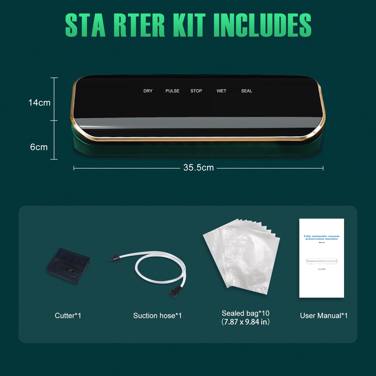 LUV Automatic Vacuum Sealer Machine: 80kpa Suction Touch Automatic Food Sealer With External Vacuum System Compact Design 10pcs Seal Bags Starter Kit Dry Moist Fresh Modes For All Saving Needs (Green)